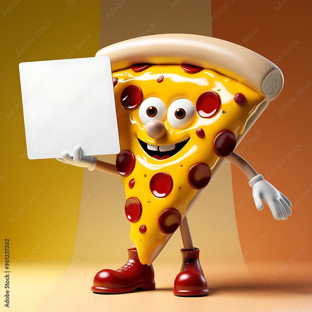 3D animated pizza slice character with a sharp, bright, glossy cheese ...