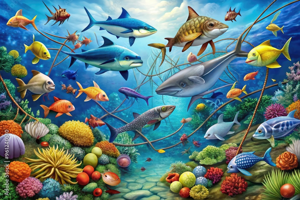 Vibrant Depiction Of Interconnected Food Chains Within The Ocean ...