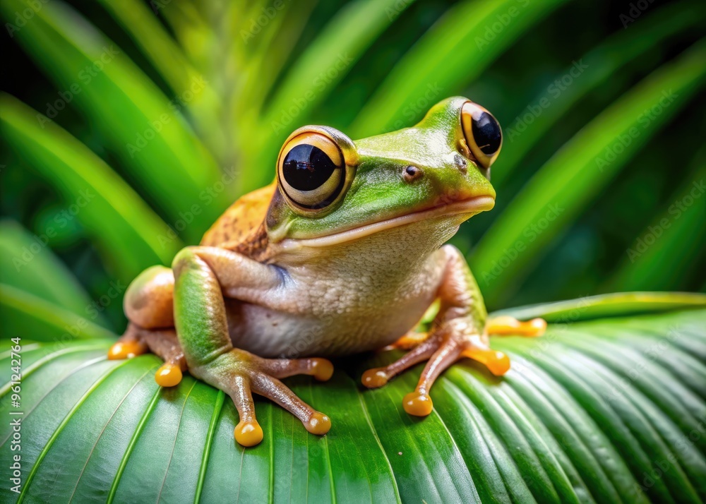 Vibrant green coqui frog perches on a leaf, its large round eyes and tiny limbs a striking ...