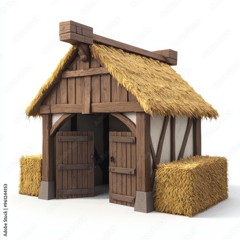 3D Render of a medieval stables with hay bales and wooden doors, on ...
