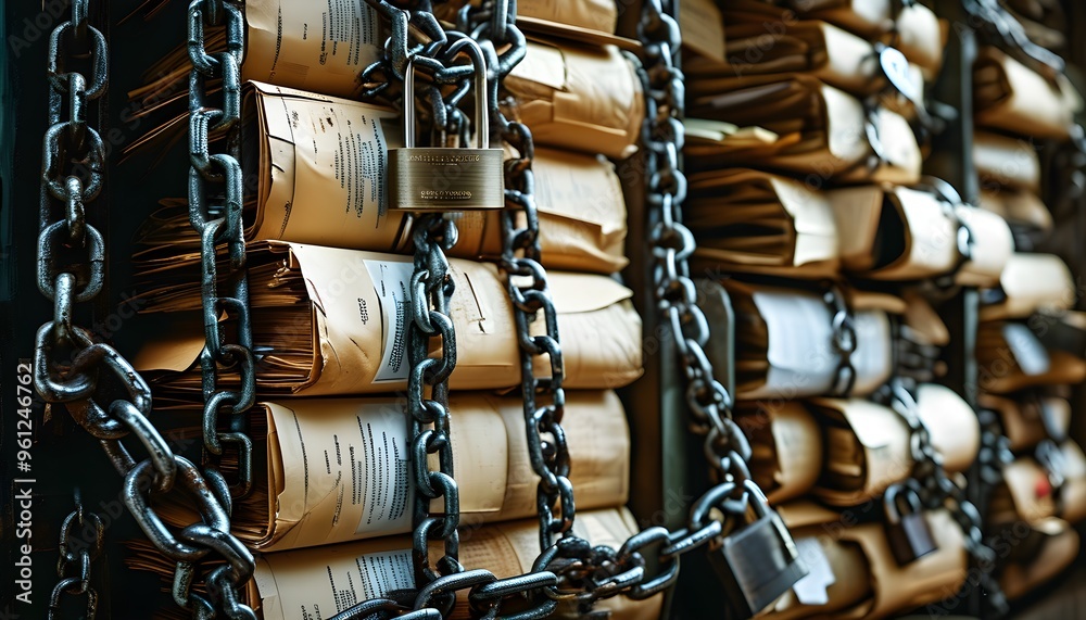 Secured documents bound and locked, symbolizing confidentiality and ...