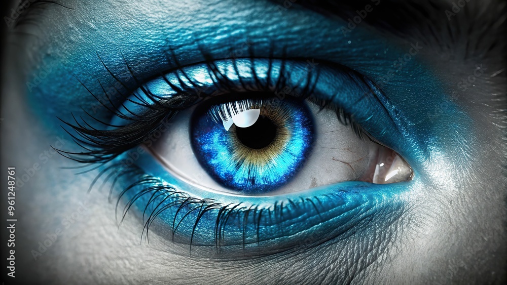 Dramatic, high-contrast lighting emphasizes the piercing blue color ...