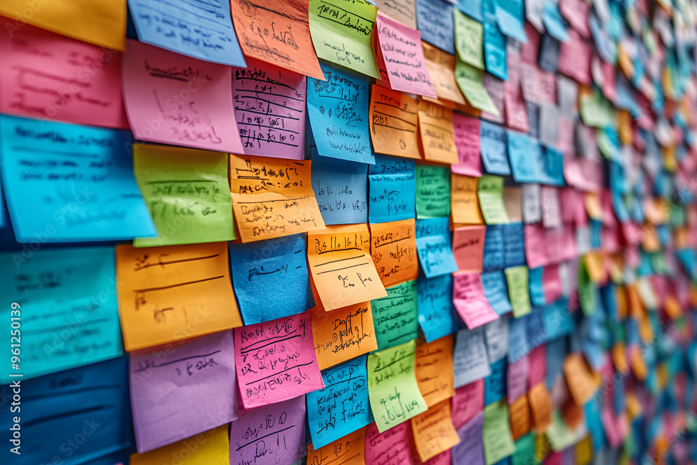 Colorful post its on a wall with scribbles, used for organization and ...
