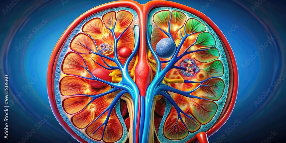 Vividly colored illustration of the human kidney's internal structure ...