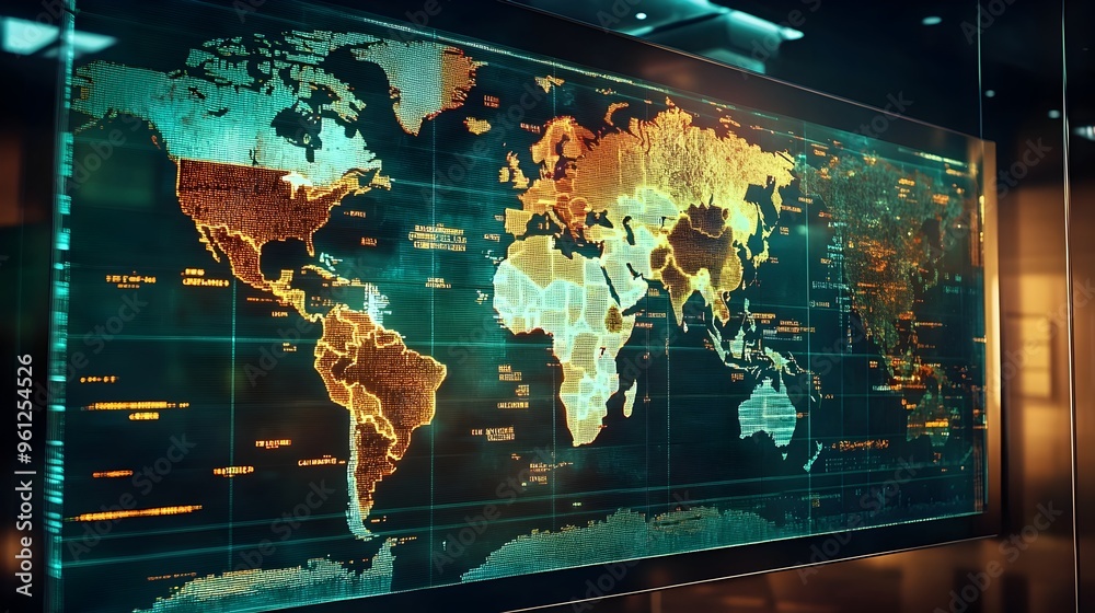 Futuristic holographic projection of a detailed political world map ...