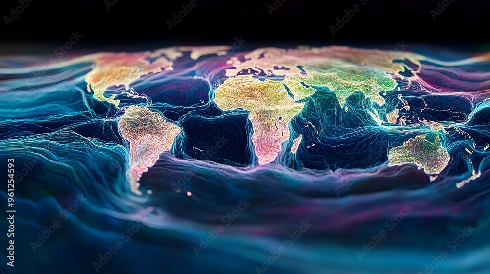 Holographic visualization of a world map displaying ocean currents and ...