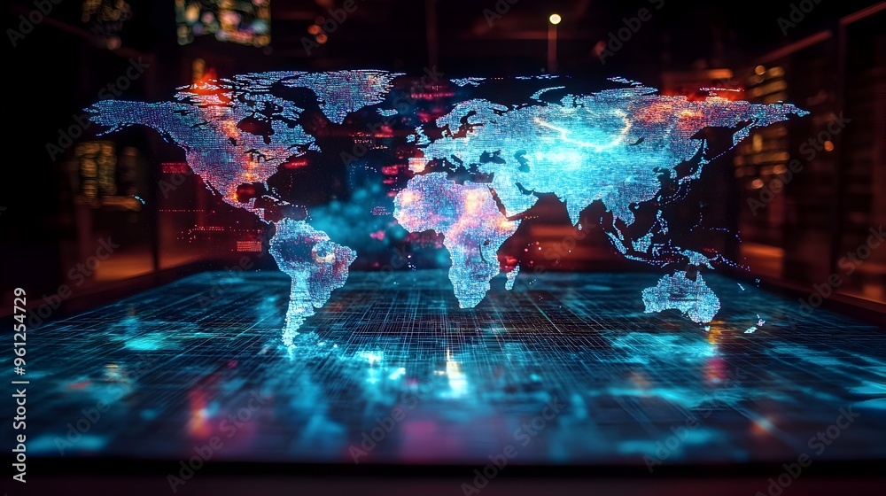 A holographic projection of a detailed world map showcasing the various ...