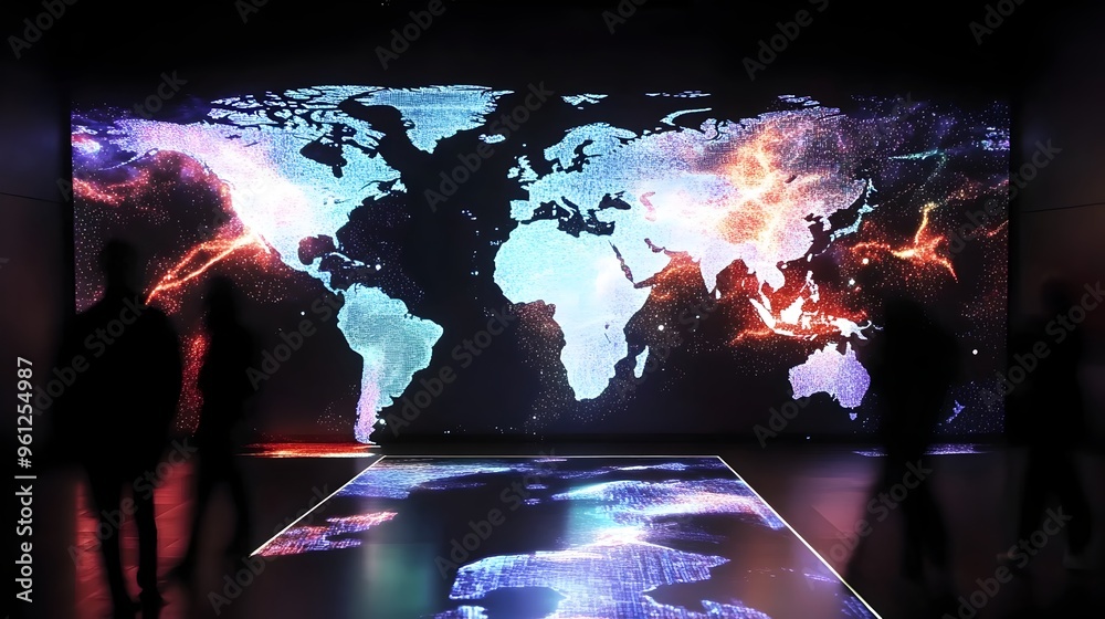 Holographic world map visualization depicting population density across ...