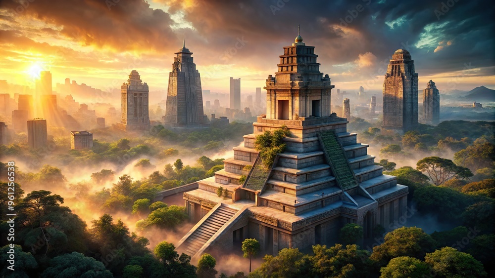 At dawn, a sprawling, intricately detailed Mayan temple complex emerges ...