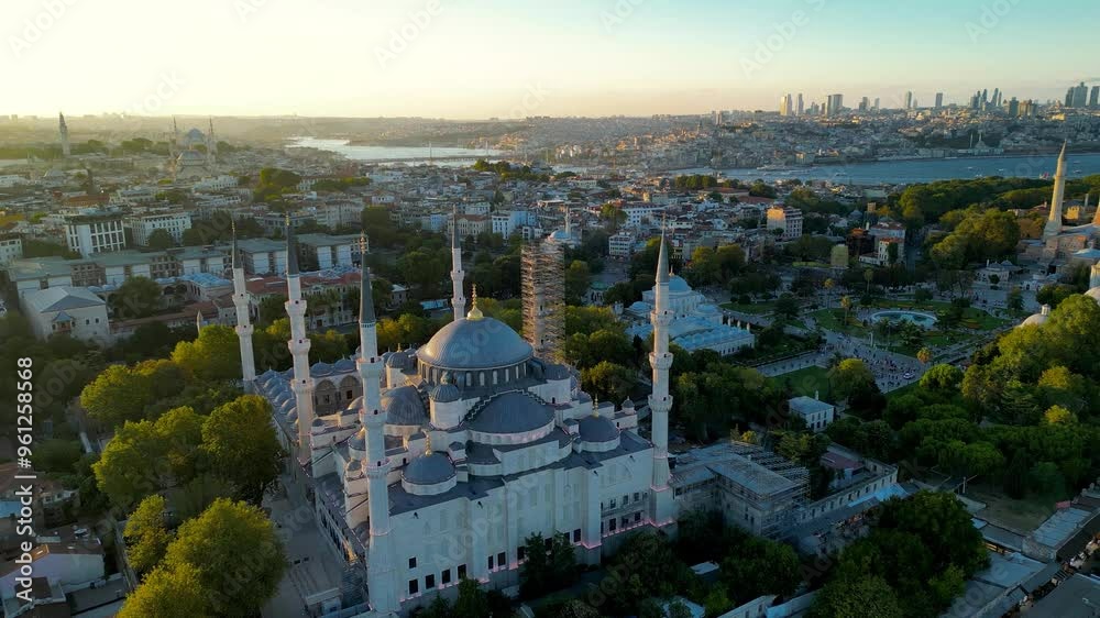 Aerial drone perspective of Istanbul skyline. View of Blue Mosque in ...
