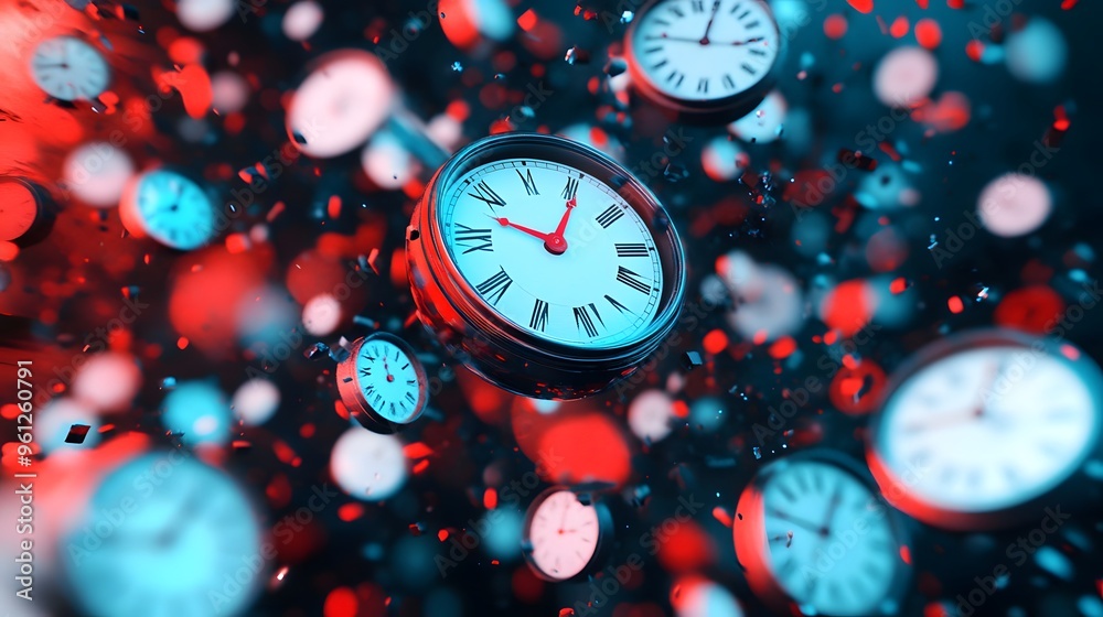 A collection of clocks with roman numerals and red hands. The clocks ...