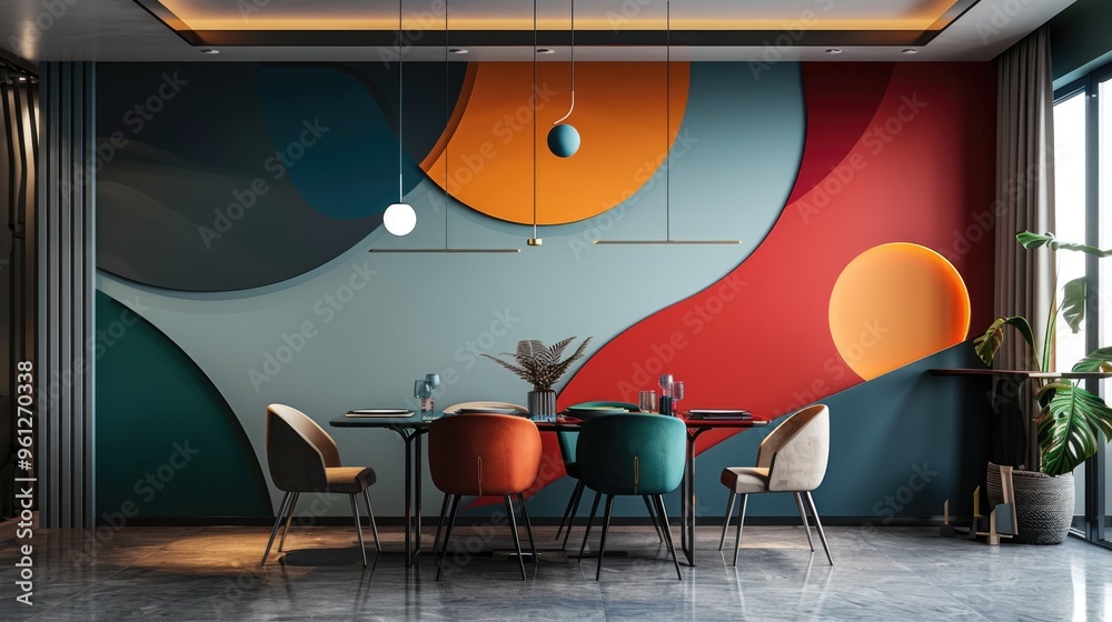A beautiful dining table with a dining room wall mural featuring ...