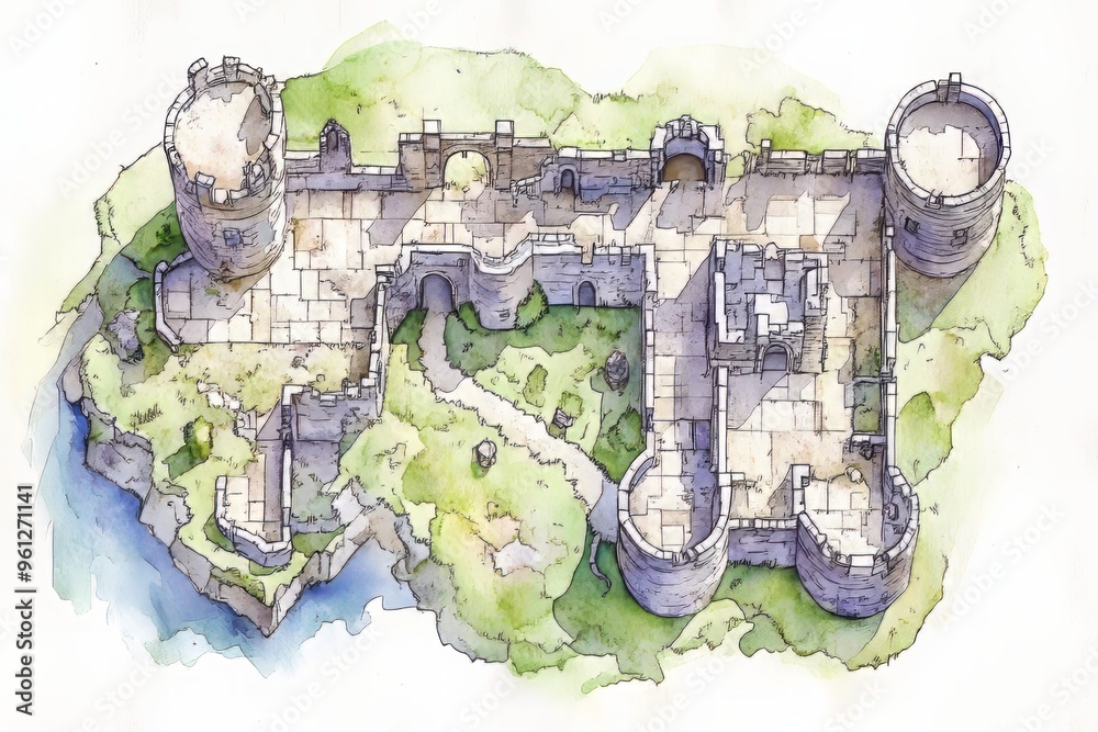 A watercolor floor plan of an irregularly shaped, slightly rundown ...
