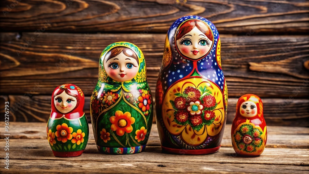 Vibrant multi-colored wooden nesting dolls arranged in decreasing size ...