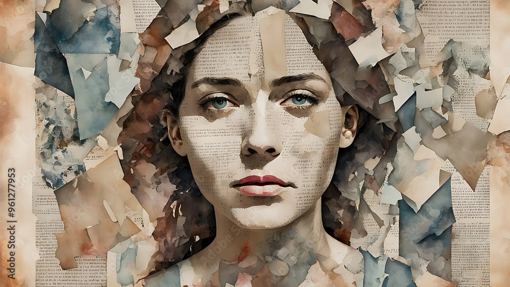 A portrait of a woman composed of fragmented pieces of old newspaper ...