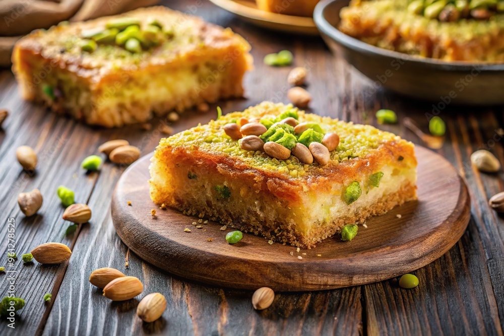 Arabic dessert warbat with qishta kadayif kunafa, pistachio, cheese ...