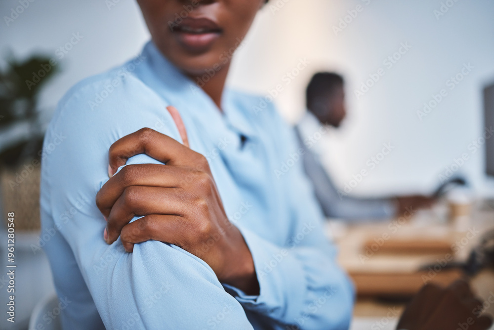 Black woman, hand and ache with shoulder pain or injury for muscle ...