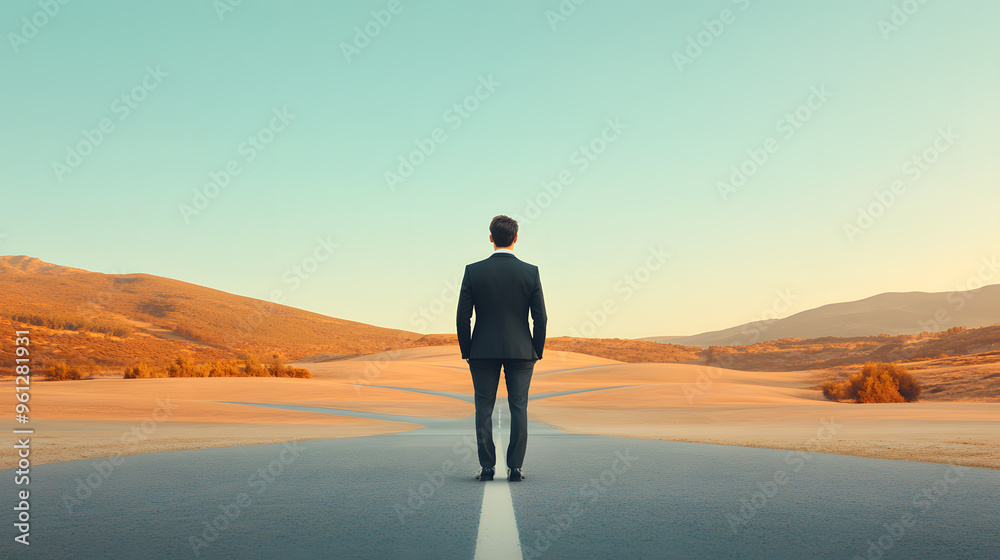 A businessman in a black suit stands at a crossroads in an open ...