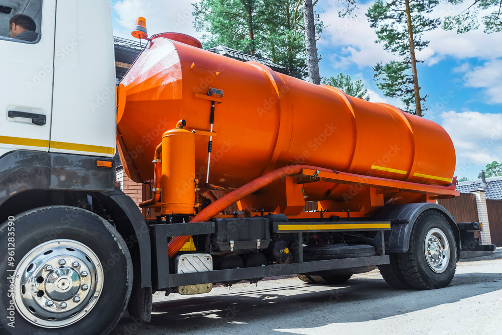 Sewage Tank truck. Sewer pumping machine. Red Septic truck. Pumping out ...