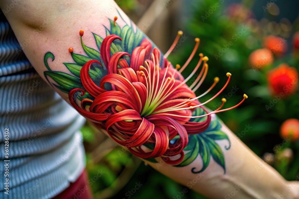 Vibrant red spider lily blooms wrap around a delicate forearm in an ...