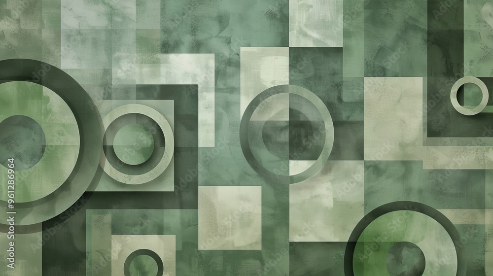 Constructivist wallpaper with squares and spirals in muted greens and ...
