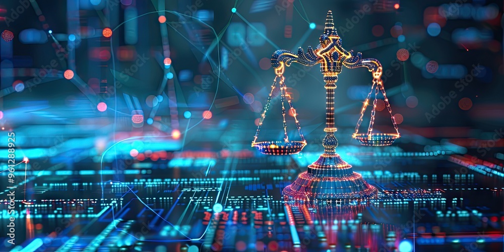 The scales of justice rendered in 3D, floating in a digital void with ...