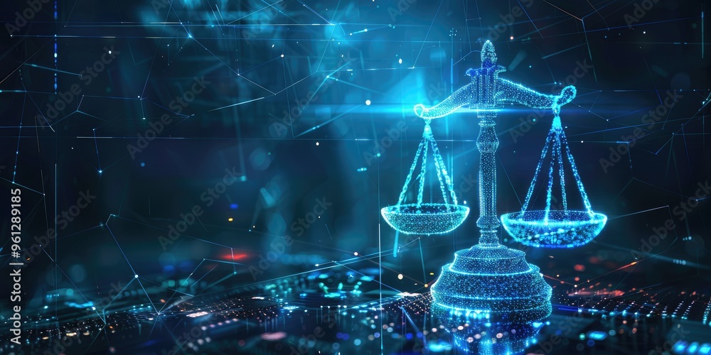 The scales of justice rendered in 3D, floating in a digital void with ...