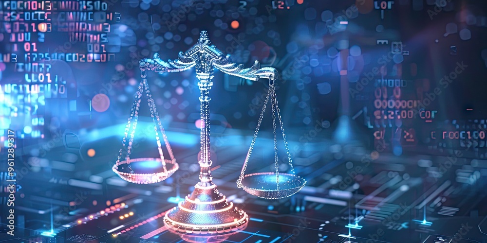 The scales of justice rendered in 3D, floating in a digital void with ...
