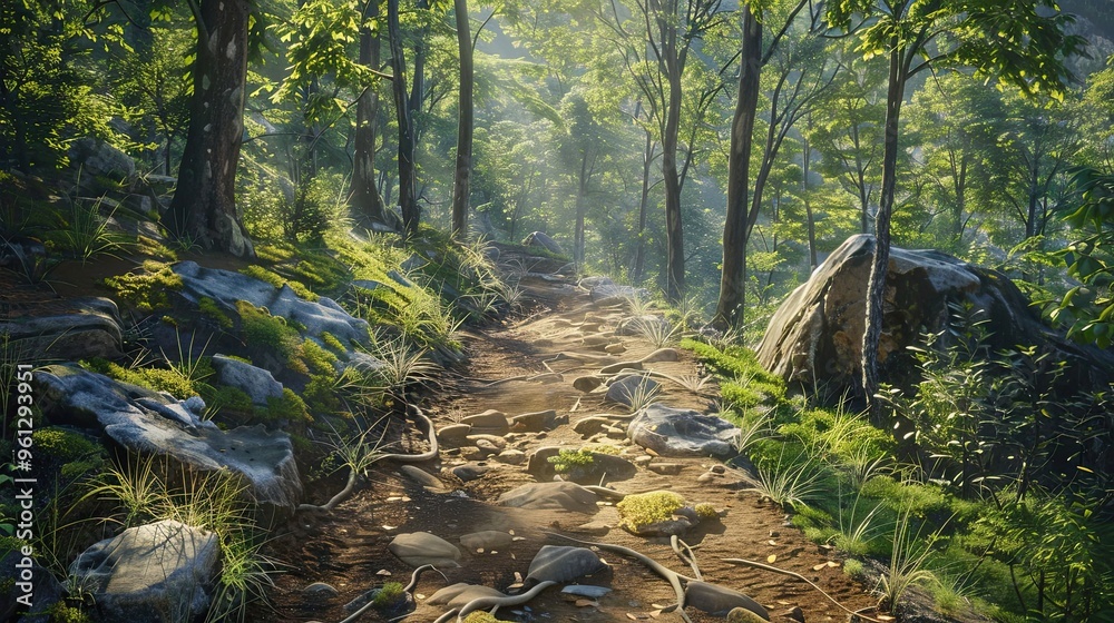 Backdrop of a mountain trail with rugged textures of rocks and roots ...