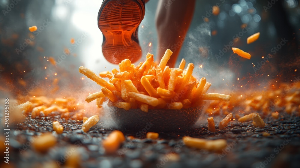 A man running on a treadmill made of french fries, never reaching the ...