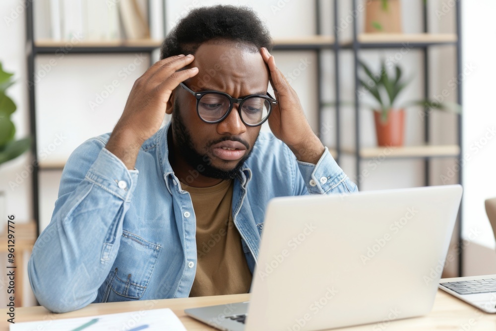 Frustrated young African American businessman struggles with ...