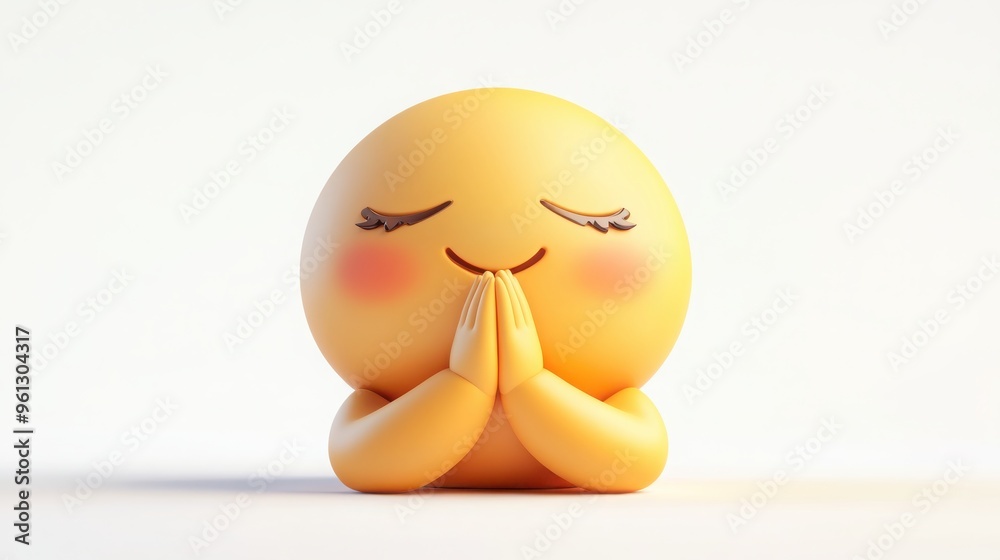 A 3D cartoon emoji with hands clasped together, eyes closed, and a ...