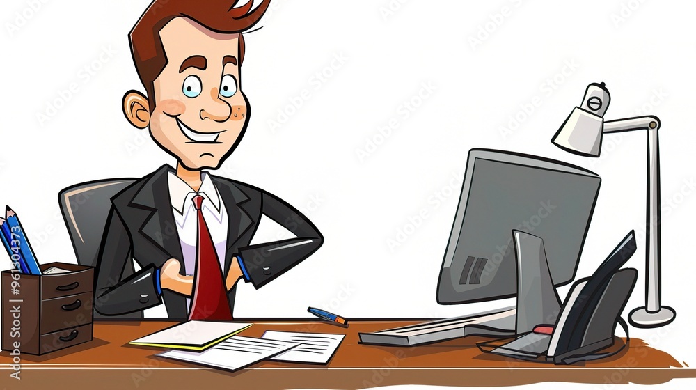 An office cartoon character standing in a professional environment. The ...