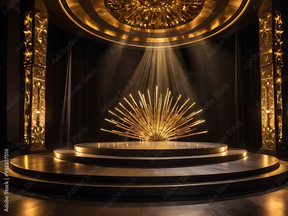 Dramatic and elegant golden luxury stage setup with a circular platform ...