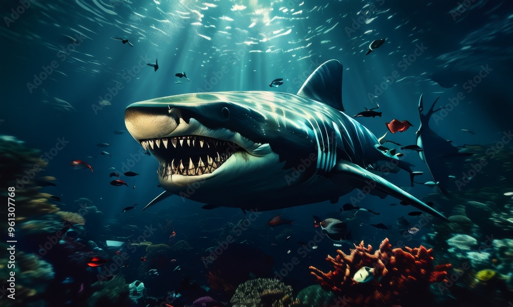 A vivid underwater scene featuring a menacing great white shark ...