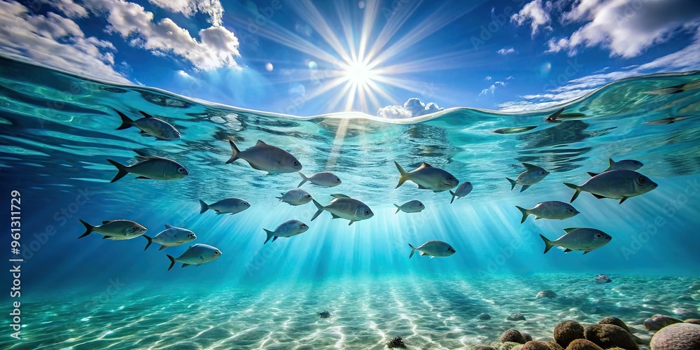 Underwater perspective of calm blue water, with sunlight filtering down ...
