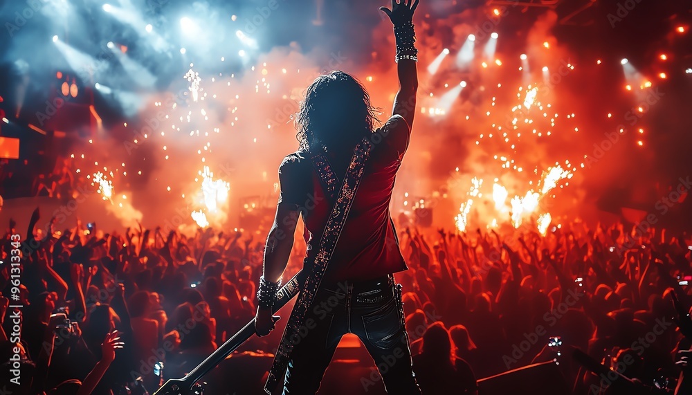 Rock star on stage, making the rock hand gesture, with electric guitar ...