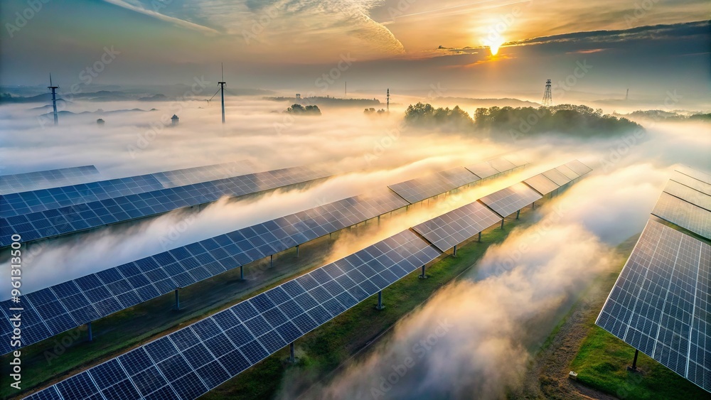 A dense fog surrounds a solar farm, dimly lit panels obscured by mist ...