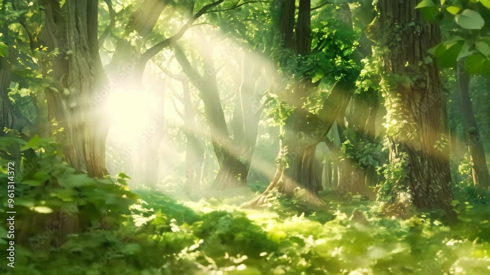 A sunlit grove of ancient trees, the light filtering through their ...