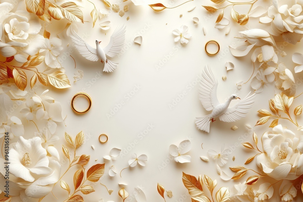 Wedding style wallpaper, white background with gold decorations and ...