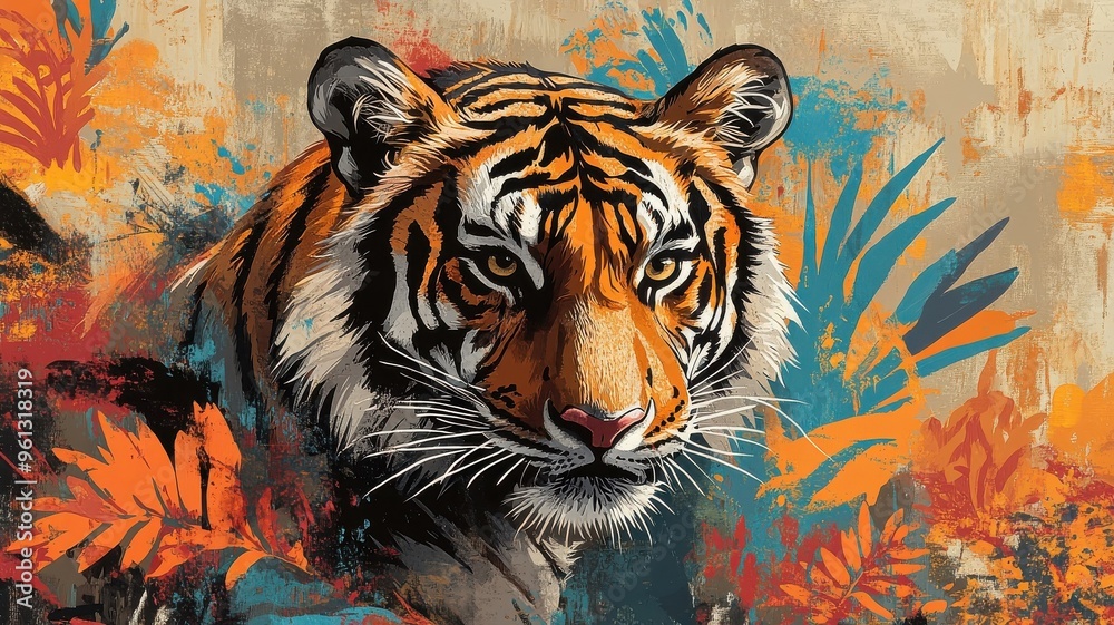 Playful, Textured pattern, a tiger with bold, colorful patterns and ...