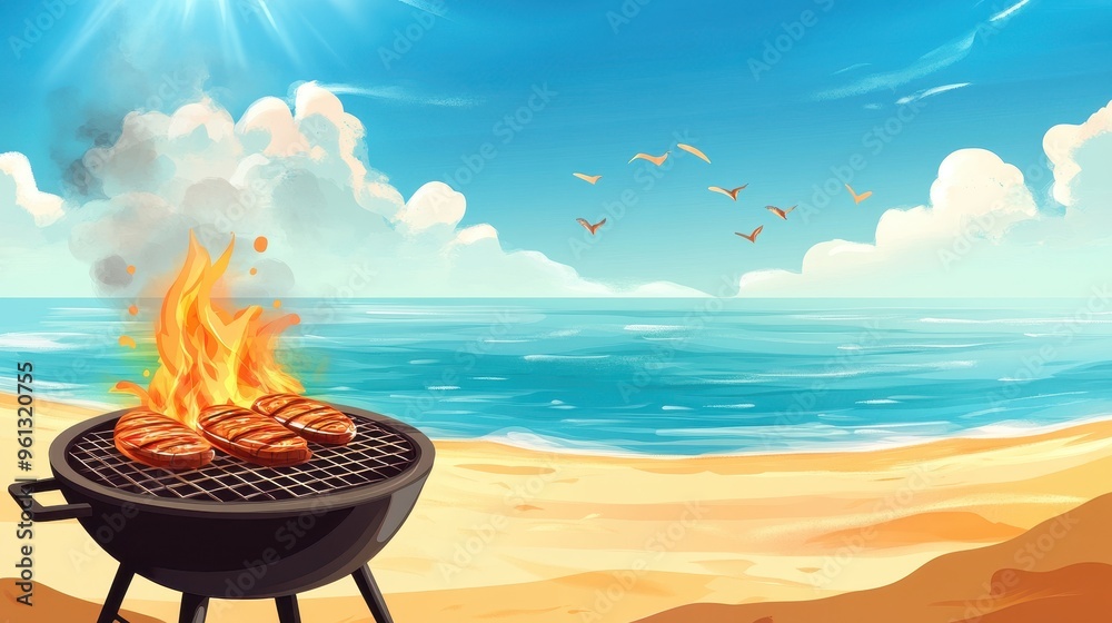 grill with burning and smoking barbeque on beach background, cartoon ...