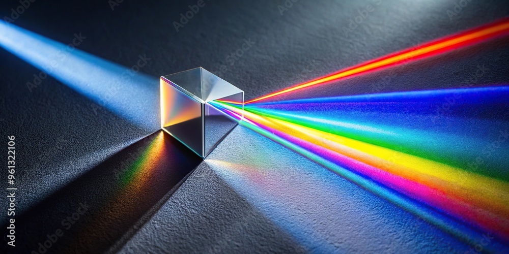 Bird's eye view of a prism splitting light into rainbow colors Stock ...