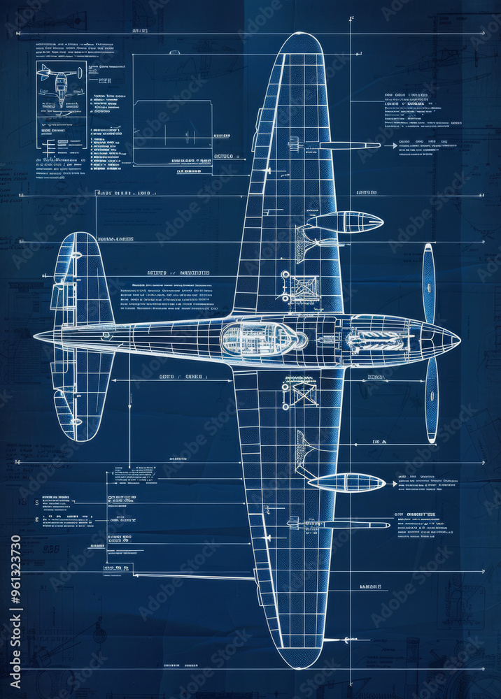 Blueprint design of a historic aircraft on a blue background. This ...