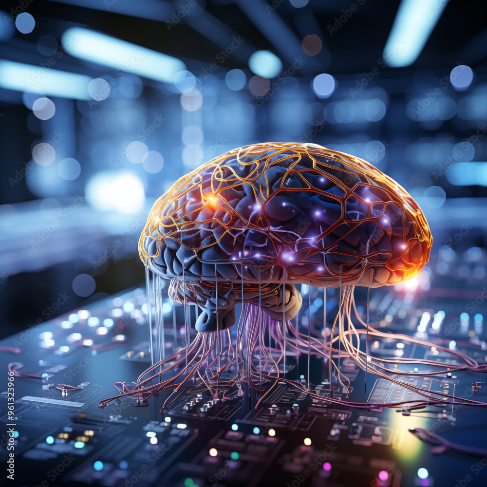 Artificial brain technology, illuminated with colorful lights and ...