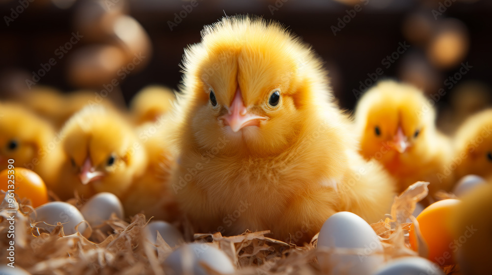 Charming yellow chicks hatching among eggs in a cozy nest. A group of ...