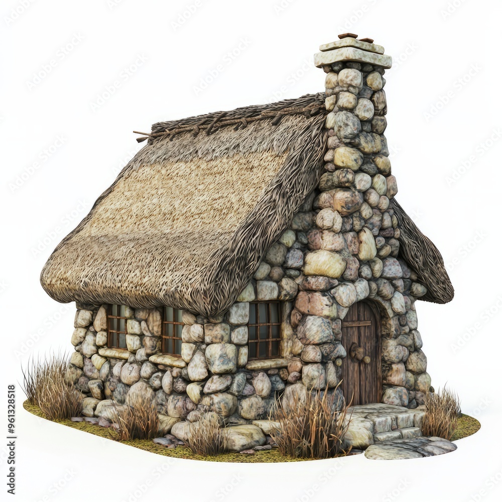 3D Render of a rustic stone cottage with a thatched roof and stone ...