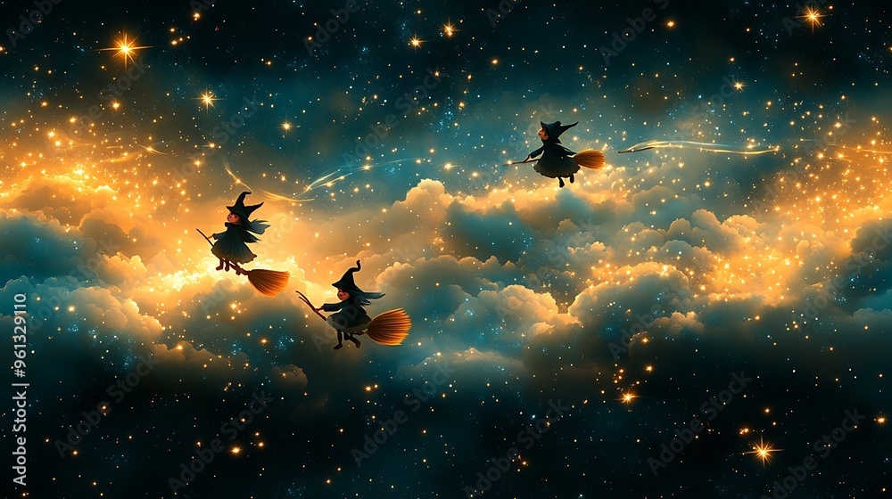 A playful scene of little witches flying on broomsticks, weaving ...