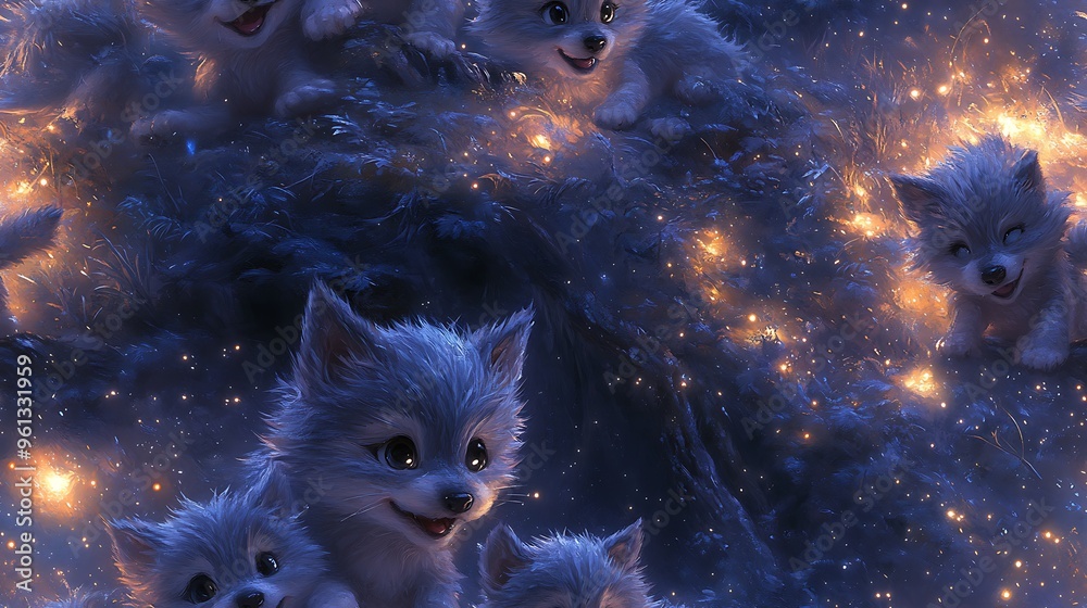 Adorable baby werewolves with fluffy fur and wagging tails, playing ...