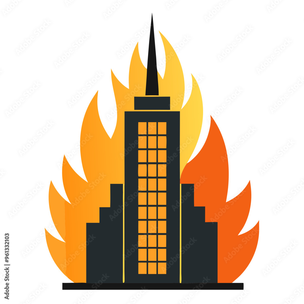 silhouette of cartoon skyscraper engulfed in flames, on fire, burning ...